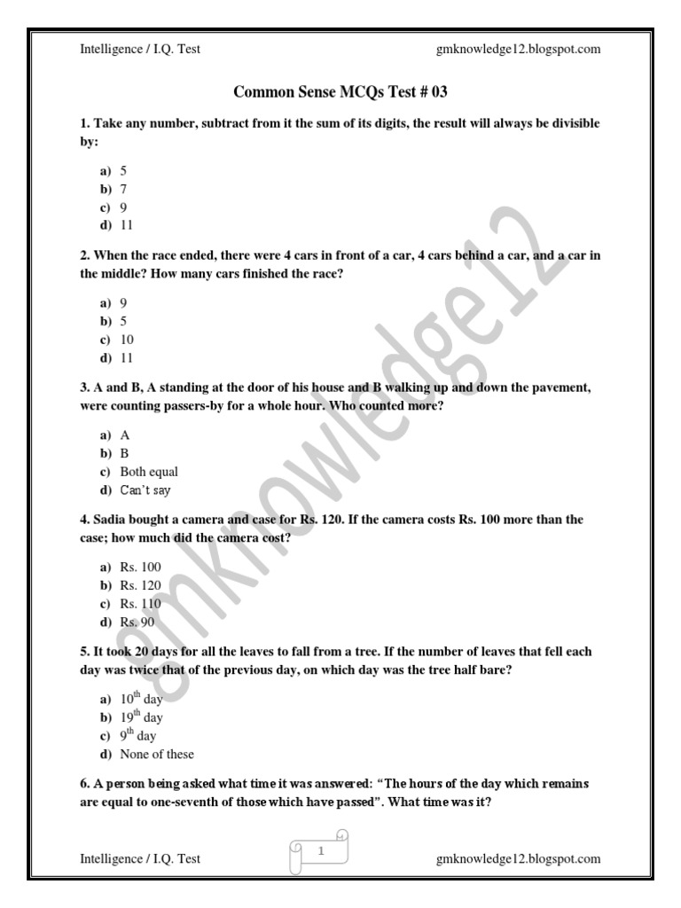 Common Sense MCQs Test # 03 | PDF | Leisure