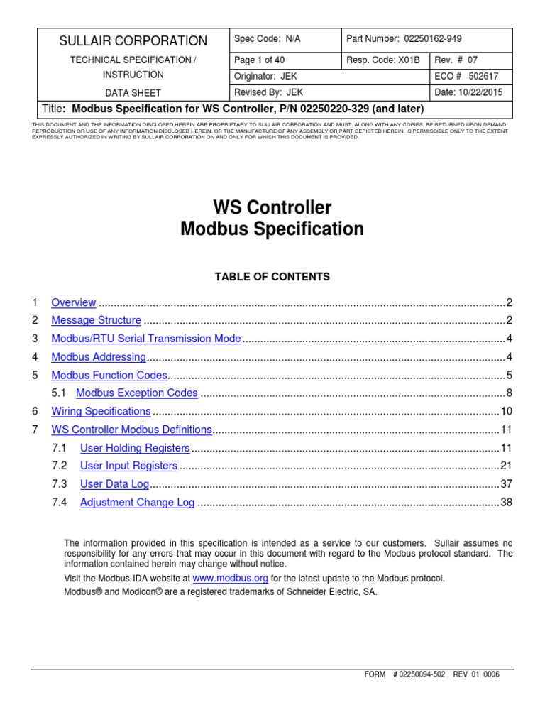 Sullair SPEC - WS - ModBus 02250162 949 r07 | PDF | Server (Computing ...
