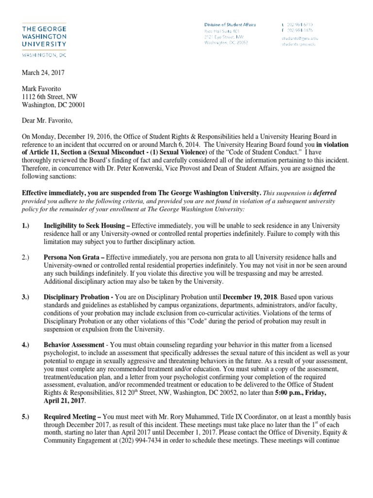 Favorito, Mark - Hearing Outcome Letter | Probation | Virtue