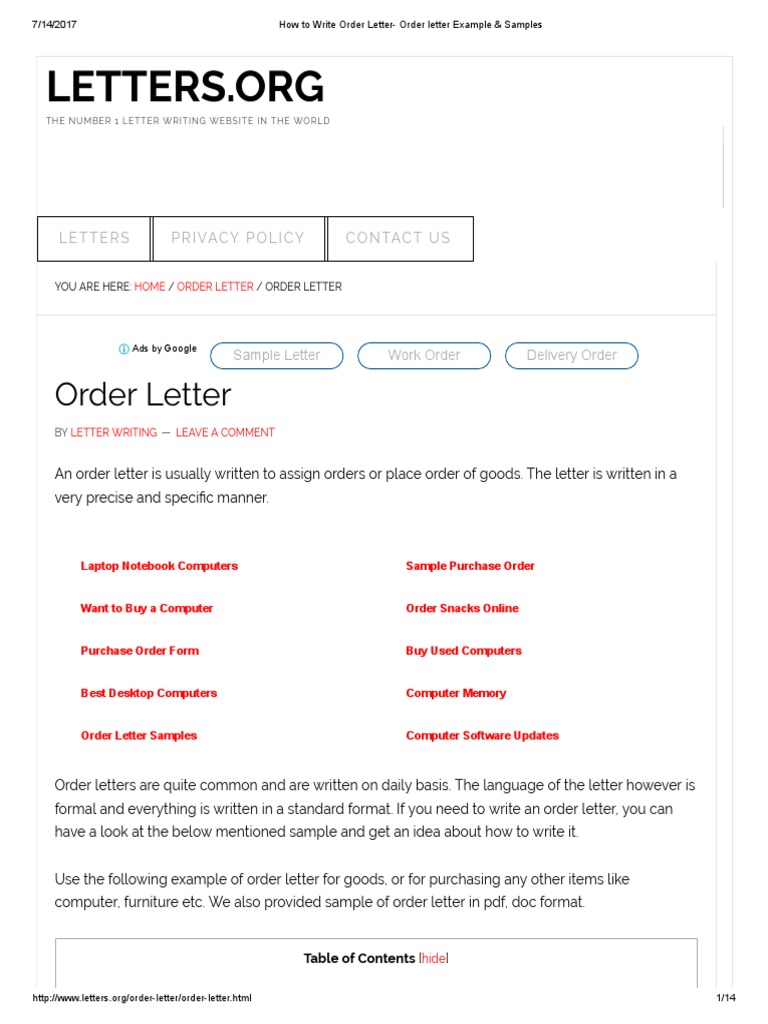 How to Write Order Letter- Order Letter Example & Samples | Receipt ...