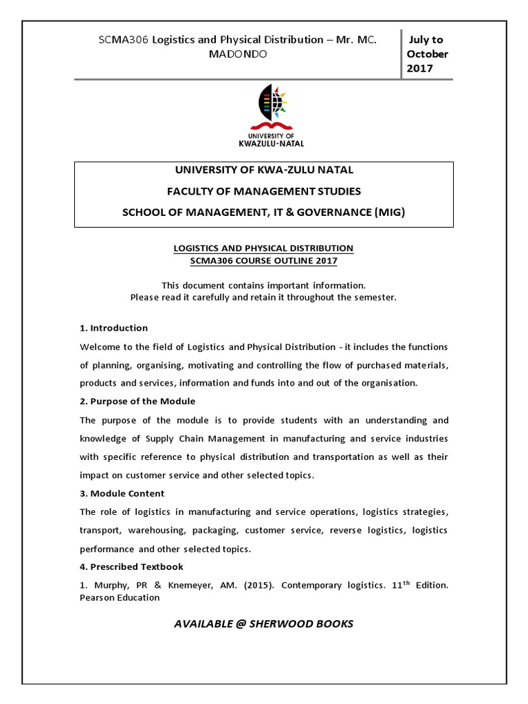 SCMA306 Course Outline - July 2017 | PDF | Logistics | Supply Chain ...