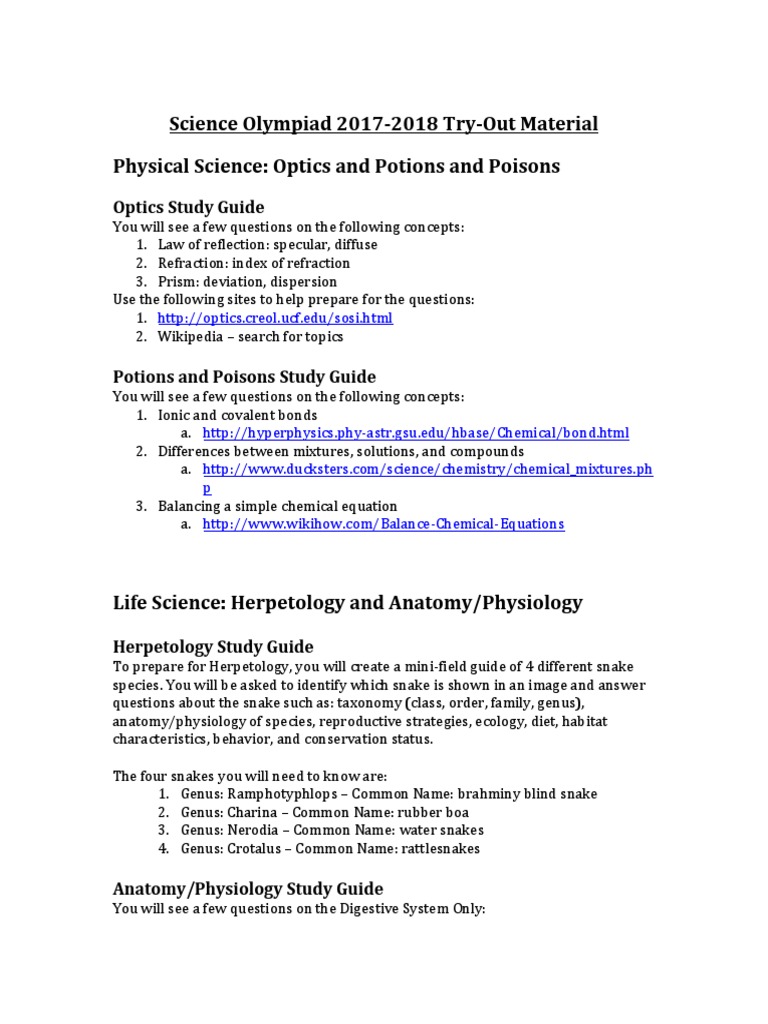 Science Olympiad 17-18 Tryout Study Guide | PDF | Optics | Snake