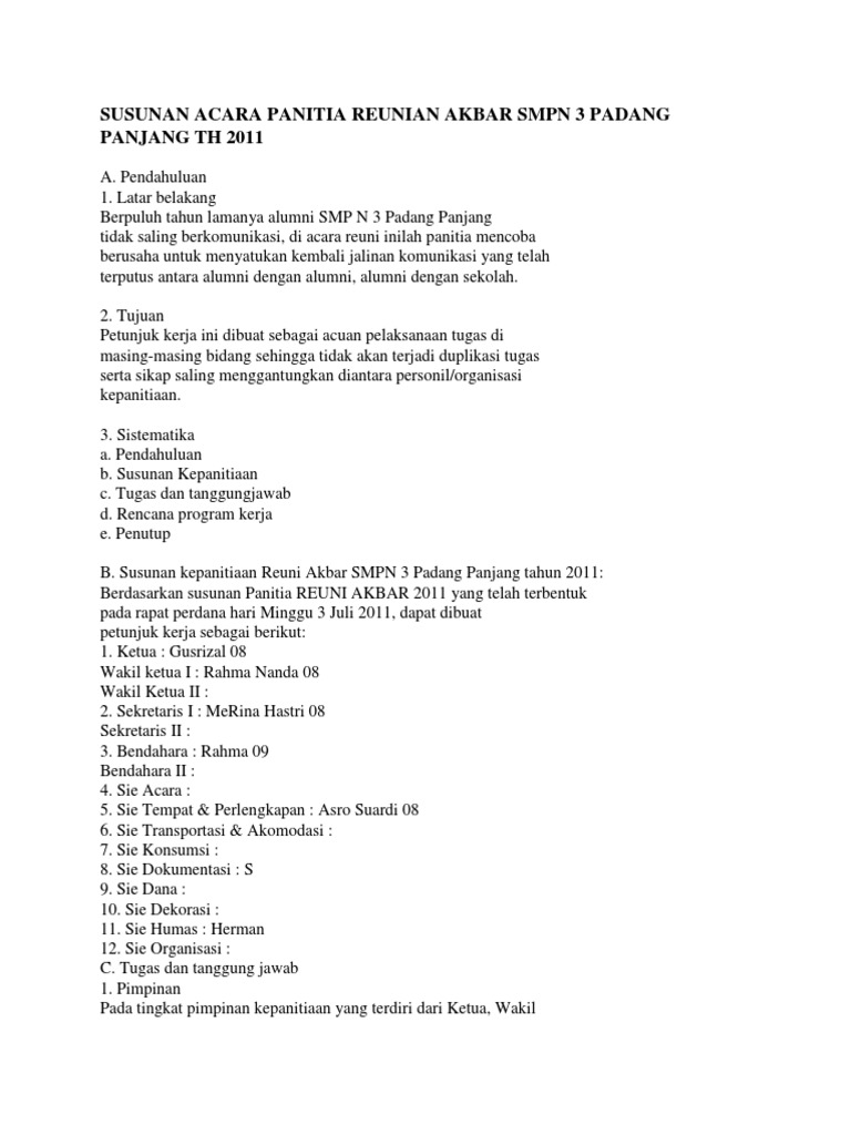 Susunan Acara Panitia Reunian Akbar SMPN 3 Padang Panjang TH 2011 | PDF ...