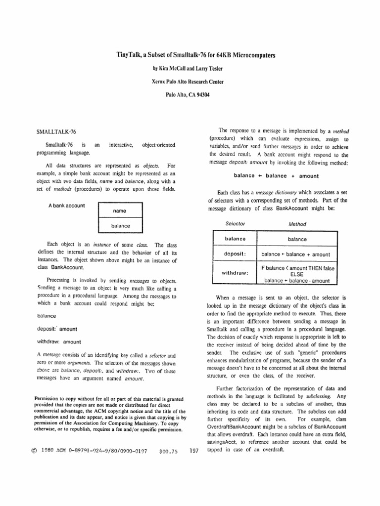 TinyTalk, A Subset of Smalltalk-76 For 64KB Microcomputers | PDF | Message Passing | Class ...