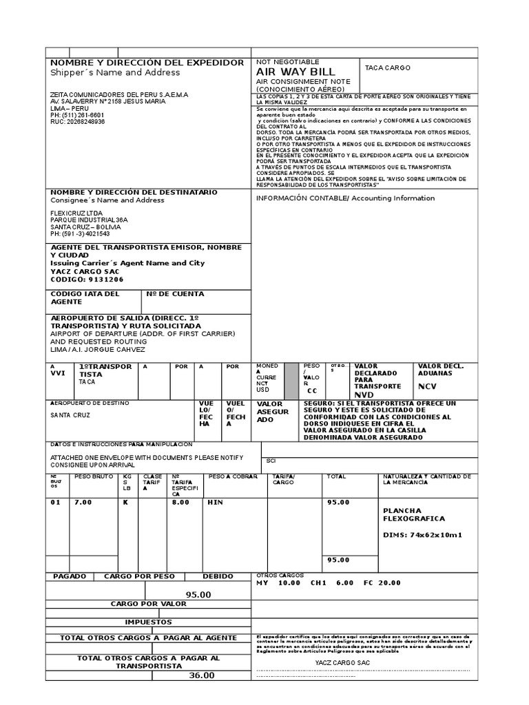 Modelo de Air Waybill Awb o Conocimiento Aereo | Documentos empresariales