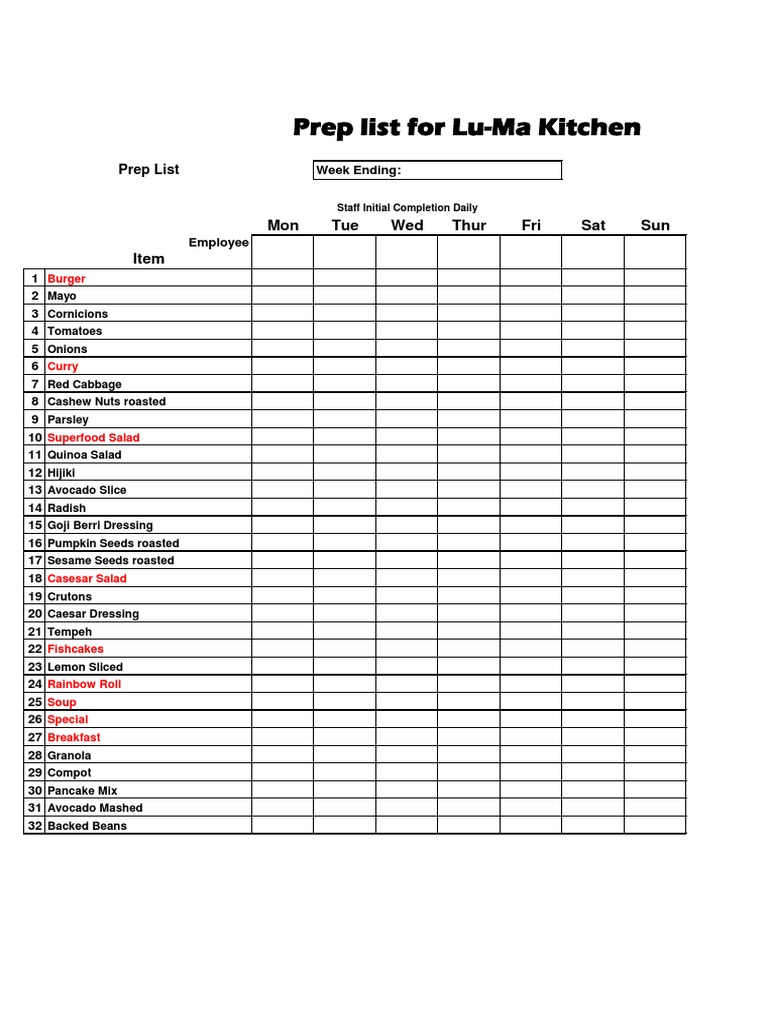 Weekly Prep List for Lu-Ma Kitchen | PDF | Cooking, Food & Wine