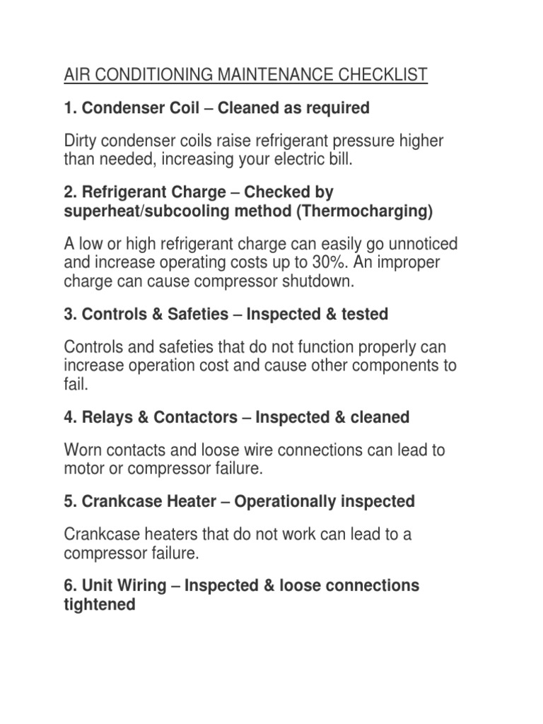 Air Conditioning Maintenance Checklist | PDF