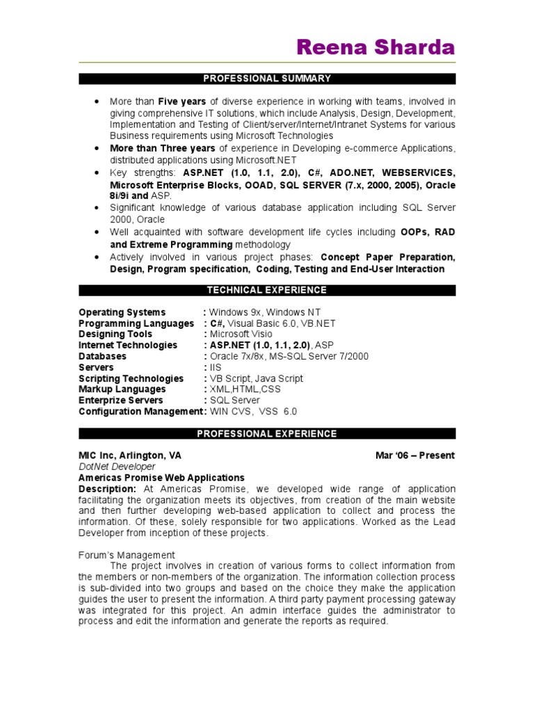 DotNet Developer Resume - Reena Sharda | PDF | Microsoft Sql Server | Web Service