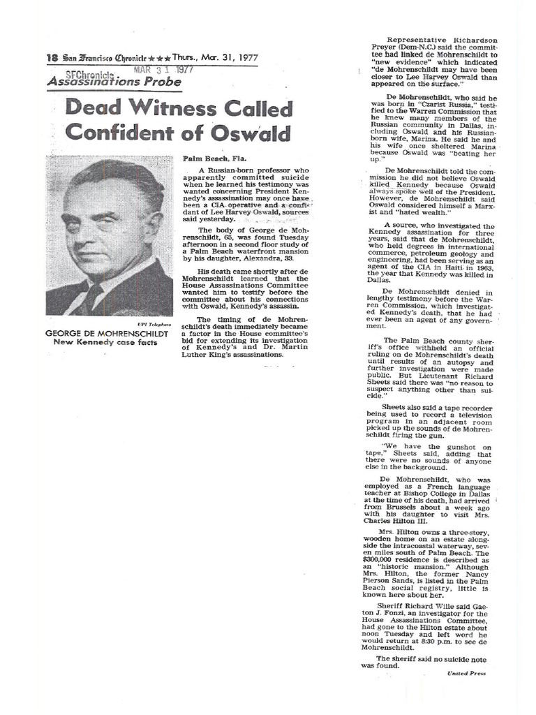 Dead Witness Called Confident of Oswald: Assassinations Probe | PDF ...
