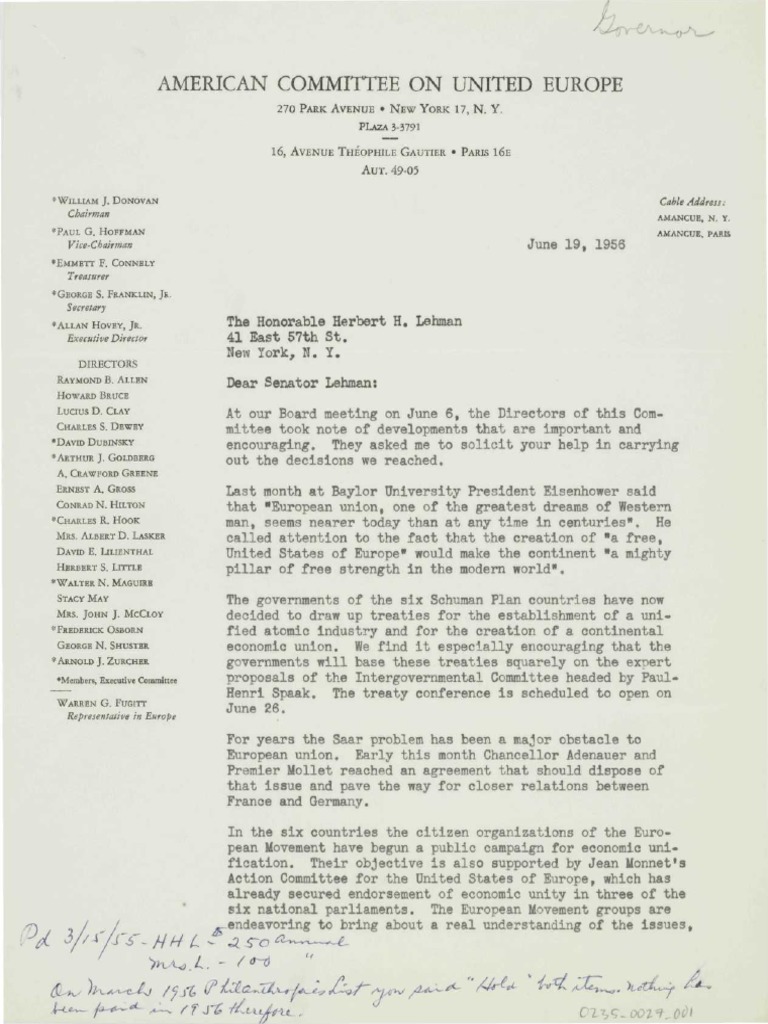 1956 06 19 American Committee On United Europe Acue Letter PDF | PDF ...