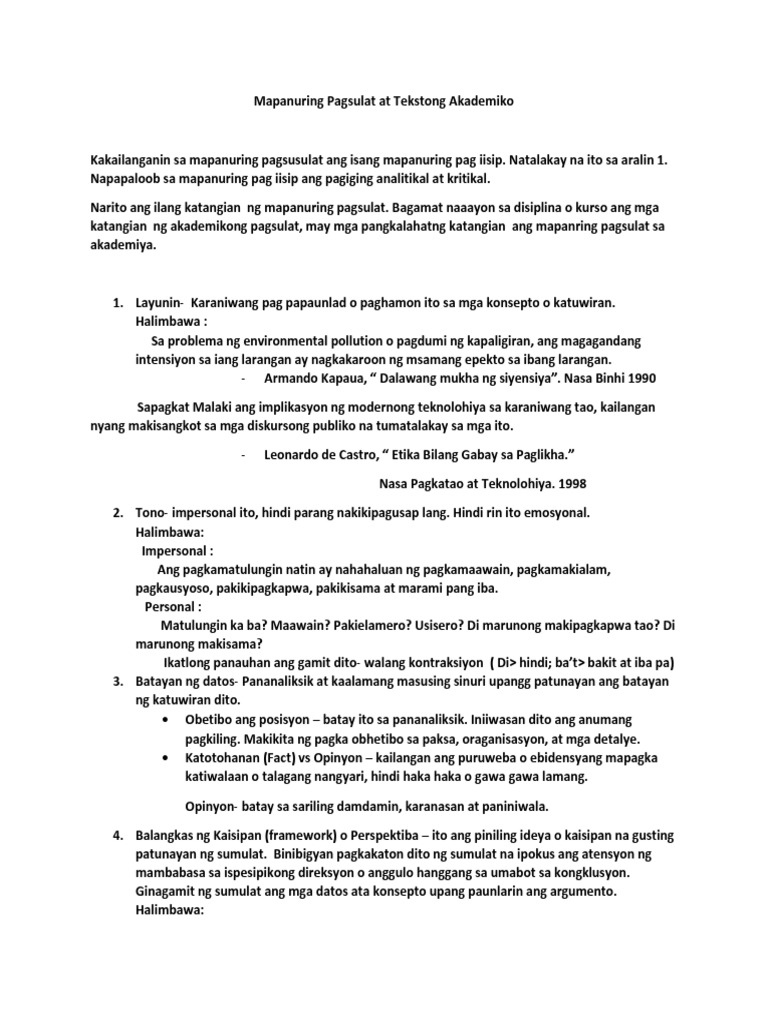 Mapanuring Pagsulat at Tekstong Akademiko | PDF