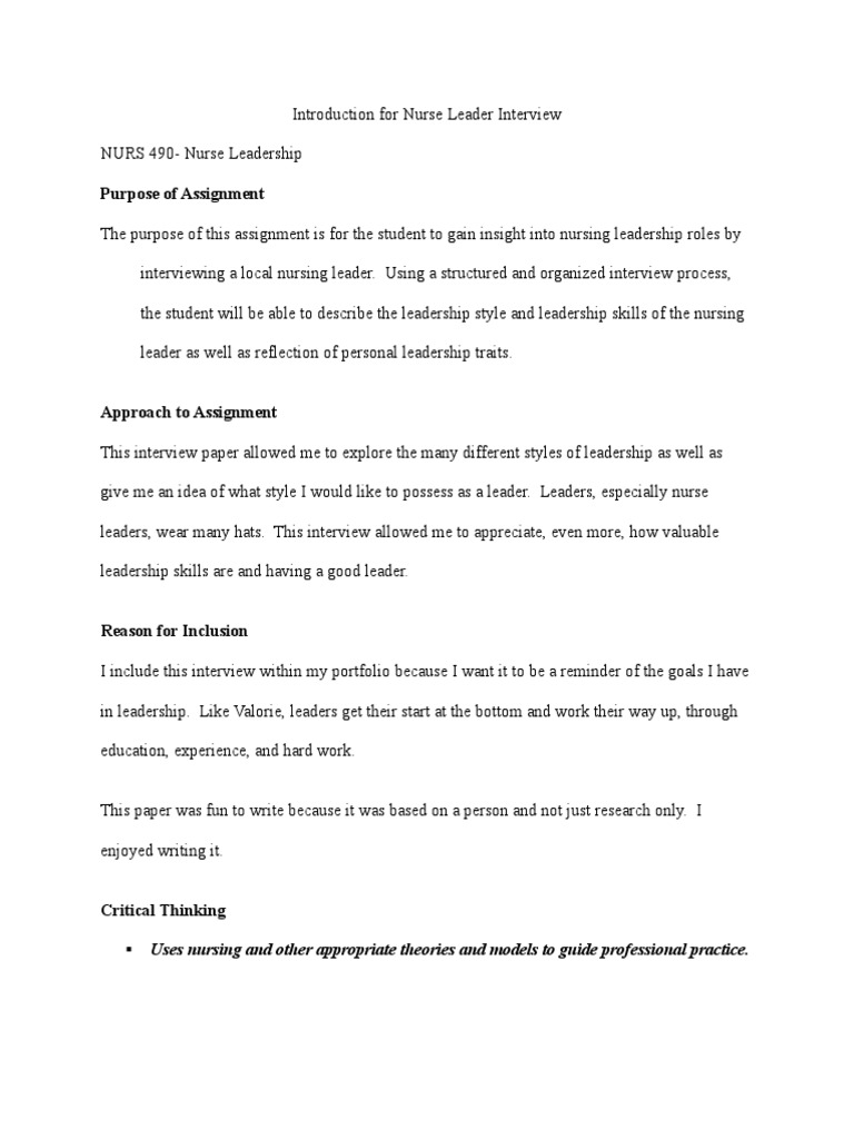 Introduction For Nurse Leader Interview | PDF | Leadership | Nursing