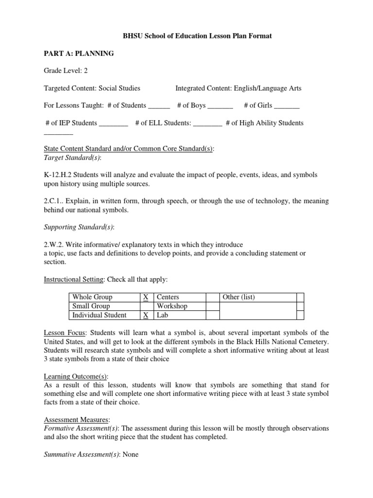 BHSU School of Education Lesson Plan Format Part A: Planning | PDF ...