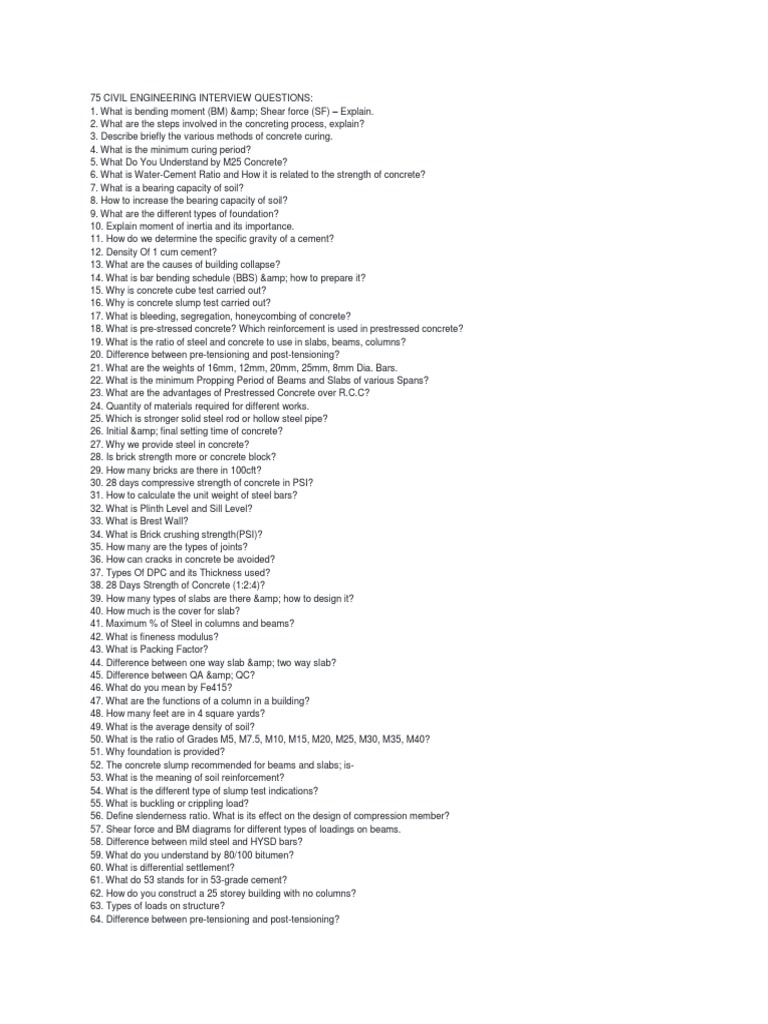 75 Civil Engineering Interview Questions | PDF | Beam (Structure ...