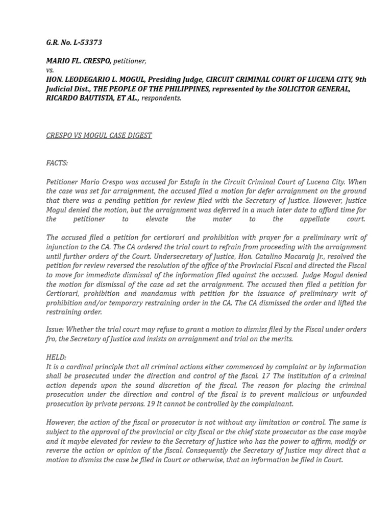 Crespo Vs Mogul | PDF | Writ Of Prohibition | Prosecutor