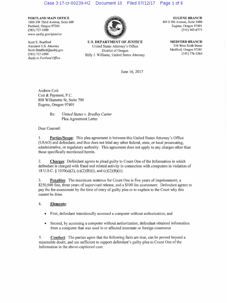 United States v. Bradley Carter | Plea Agreement Letter | United States ...