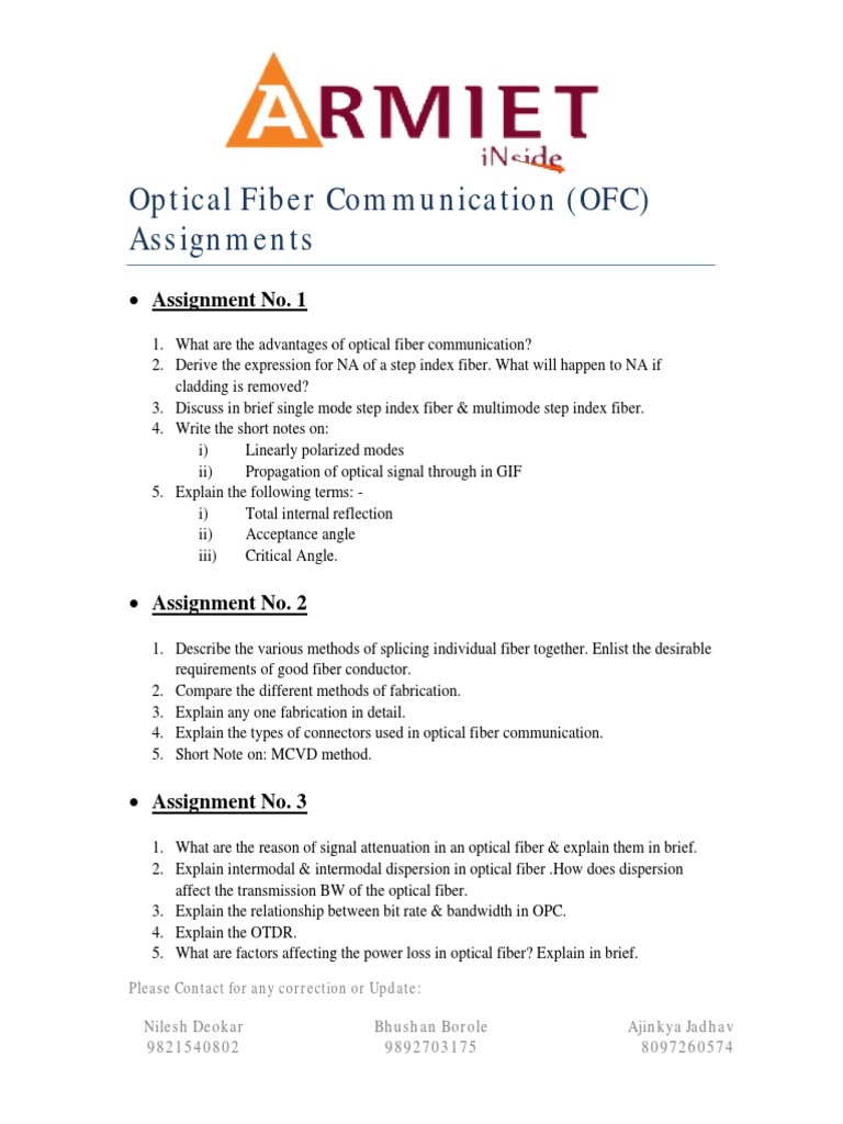 Extc Sem8 Ofc Assignments | PDF | Optical Fiber | Fiber Optic Communication