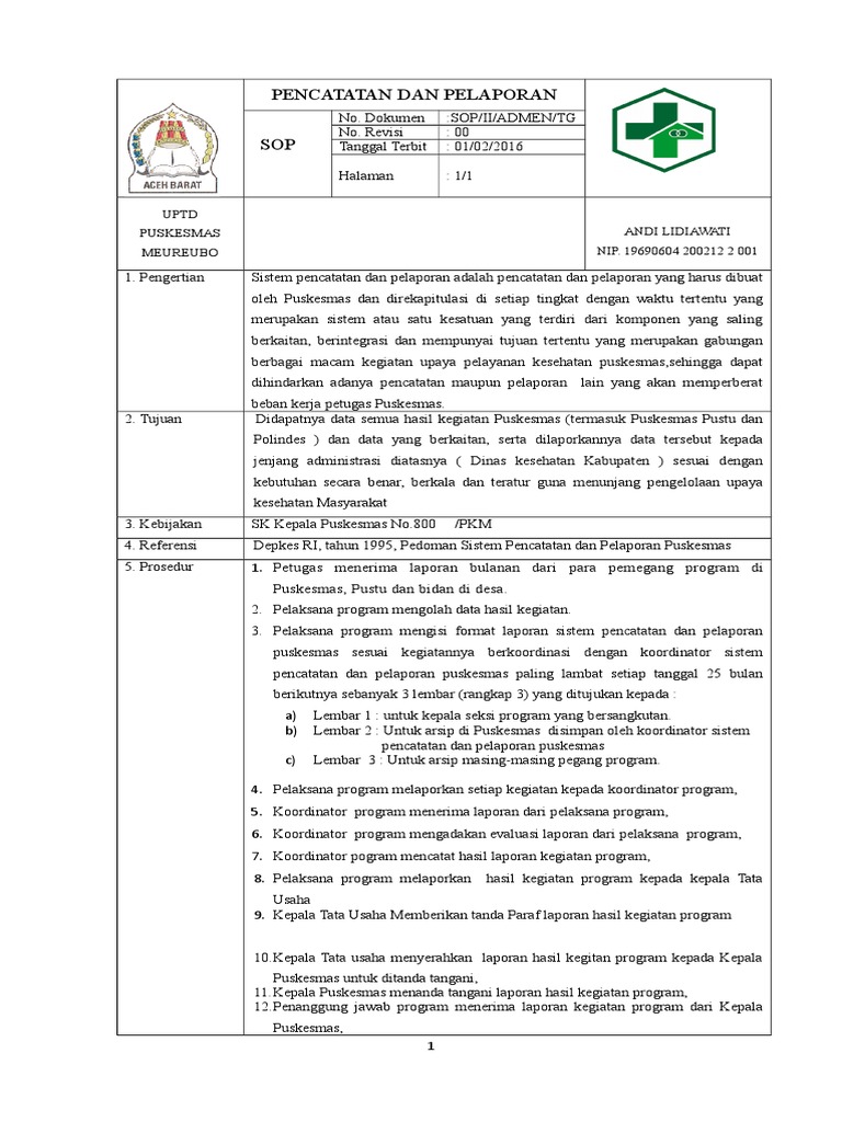 Sop Pencatatan Dan Pelaporan | PDF