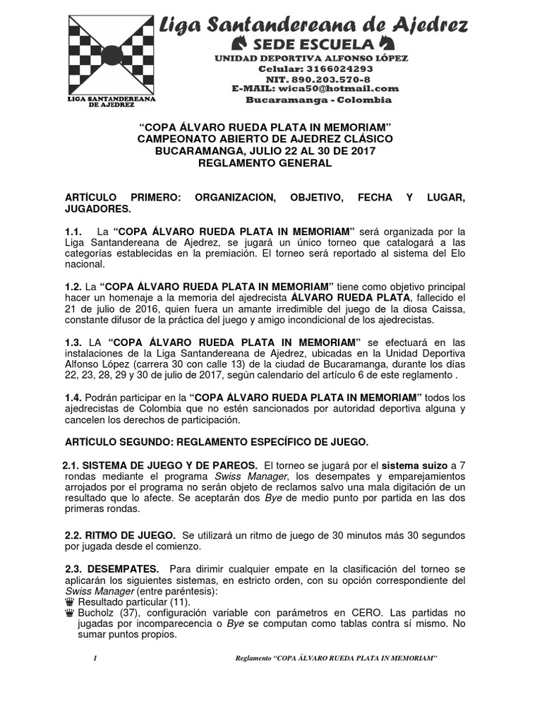 Reglamento Torneo Ajedrez Clásico Copa in Memorian Alvaro Rueda 2017 ...