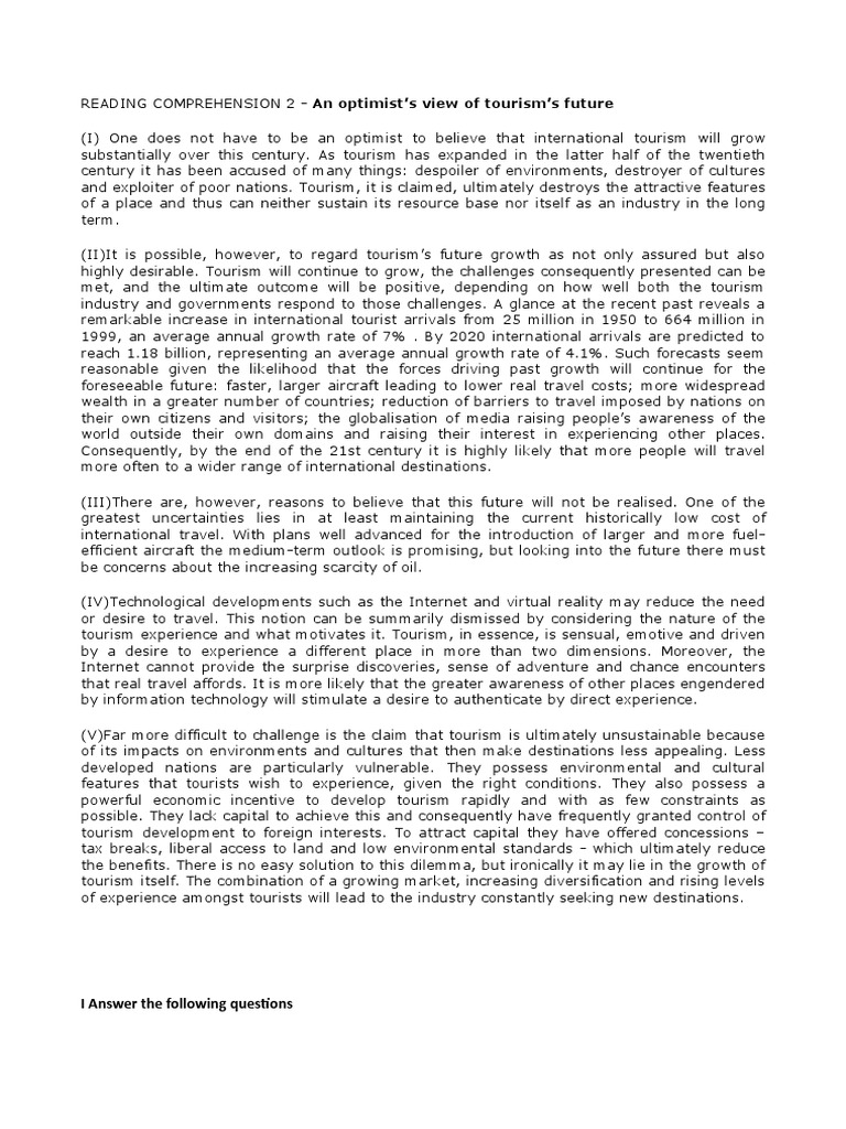 Reading Comprehension World Tourism With Keys | PDF | Tourism ...