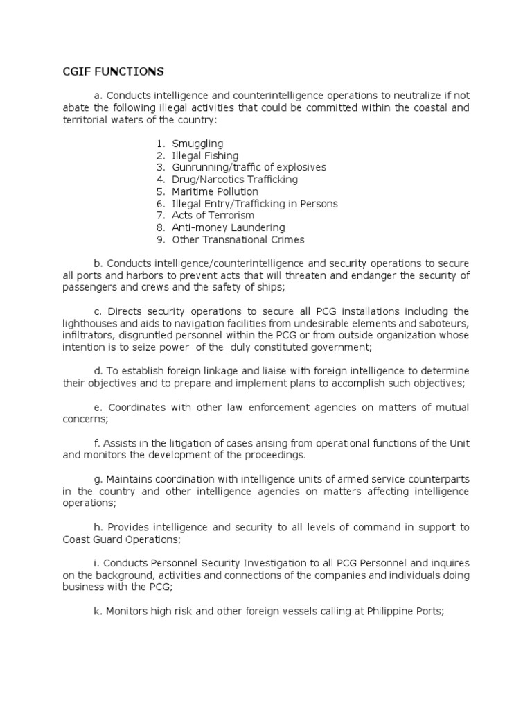 Cgif Functions | PDF | Coast Guard | Counterintelligence