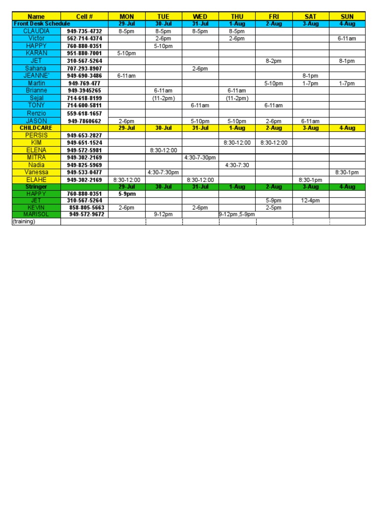 RCI Front Desk Weekly Schedule | PDF