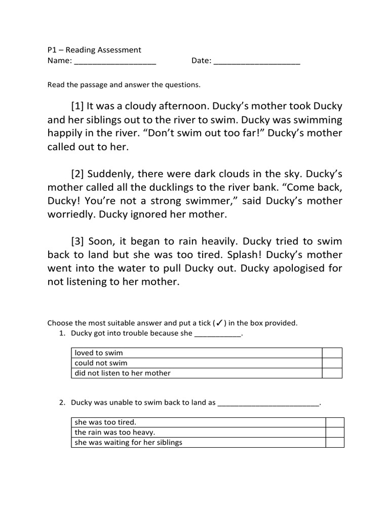 Reading Comprehension For Primary 1 To 2 | PDF