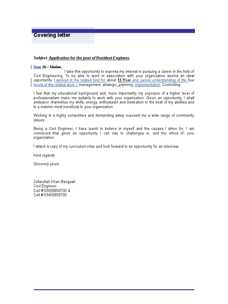 Covering Letter: Subject: Application For The Post of Resident Engineer ...