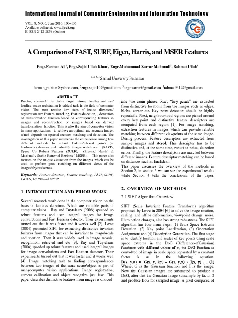 A Comparison of FAST, SURF, Eigen, Harris, and MSER Features | PDF | Image Processing | Computer ...