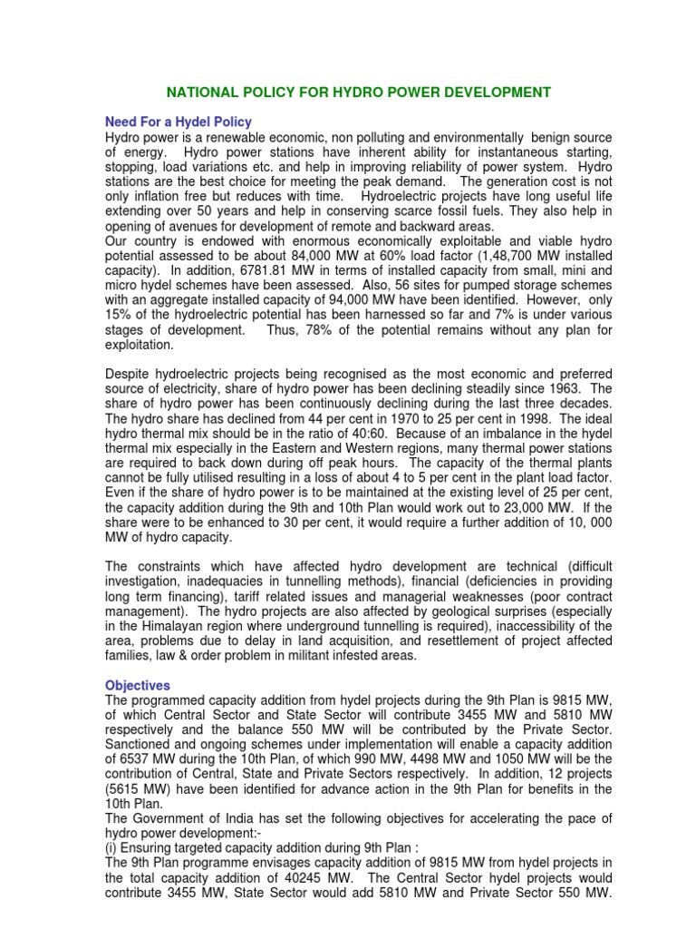 National Hydro Power Development Policy | PDF | Hydroelectricity ...