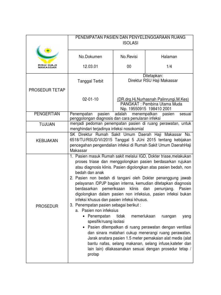 Spo Penempatan Pasien Dan Penyelenggaraan Ruang Isolasi | PDF