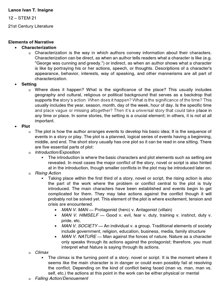 Exploring Elements of Narrative, Characterization, Setting, Plot, Theme, Point of View, and ...