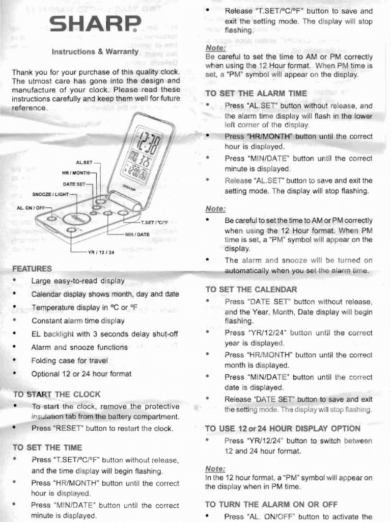 Sharp Digital Travel Alarm Clock | PDF | Fahrenheit