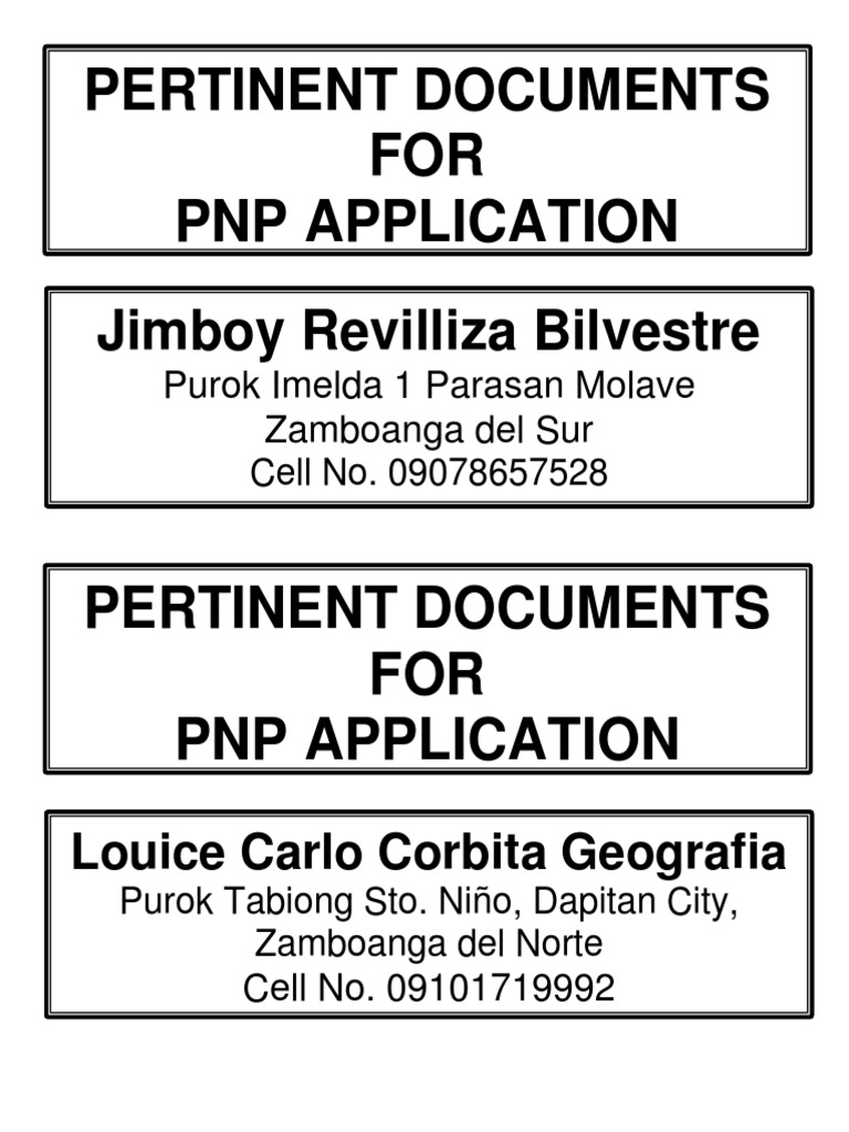 Pertinent Documents FOR PNP Application: Jimboy Revilliza Bilvestre | PDF