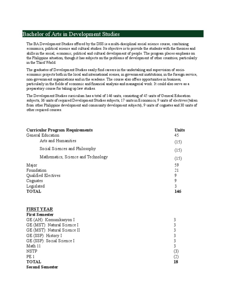 BA Development Studies - UP Manila | PDF | Bachelor Of Arts | Curriculum