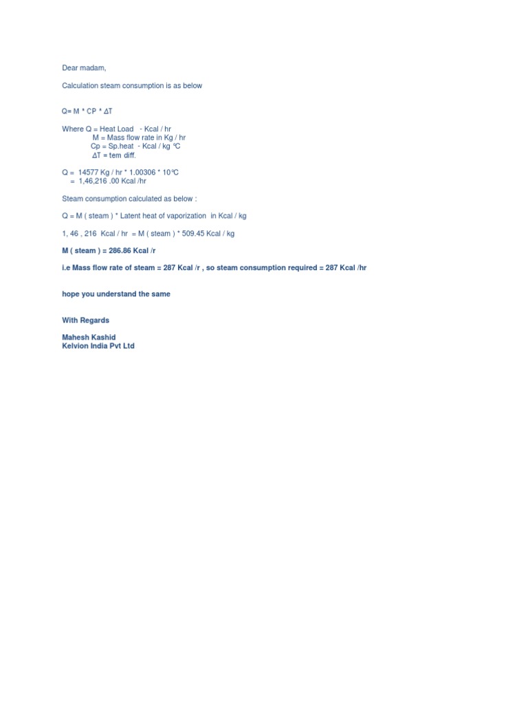 M (Steam) 286.86 Kcal /R I.E Mass Flow Rate of Steam 287 Kcal /R, So ...