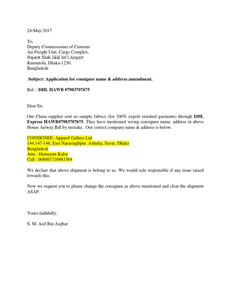 Letter From Consingee Side