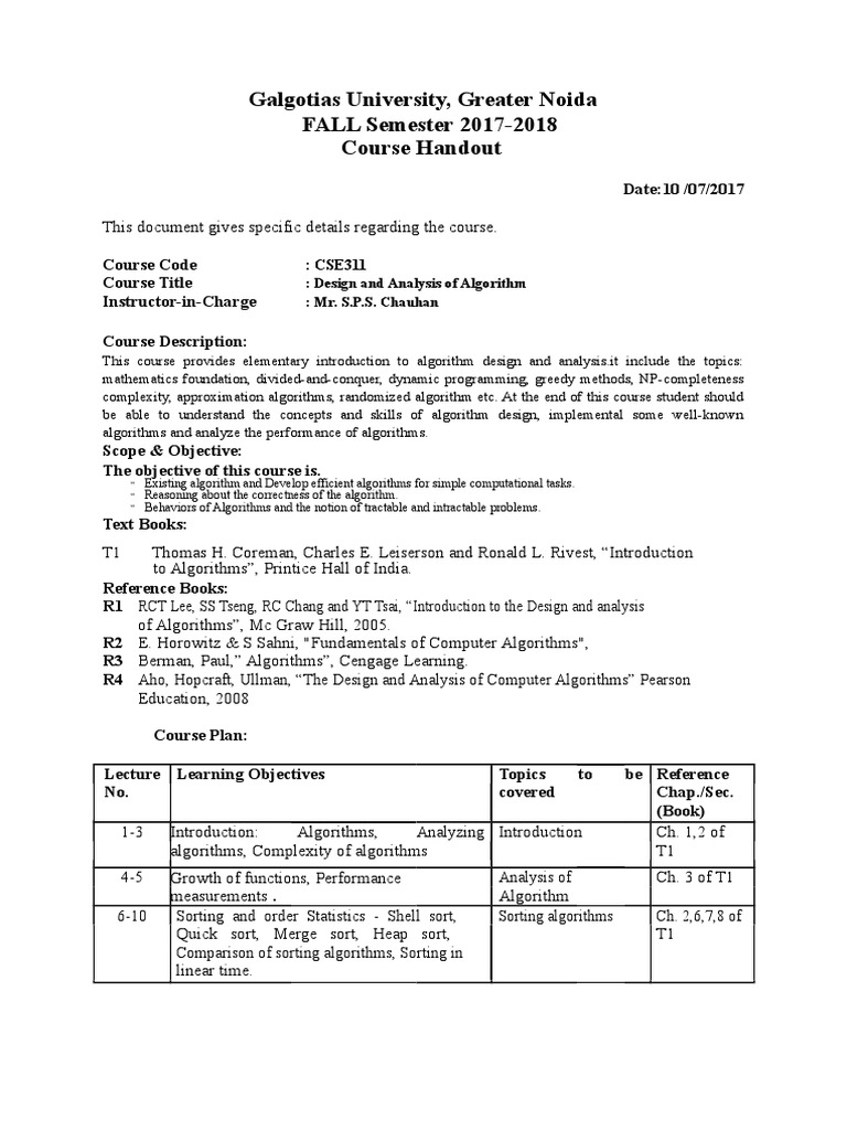Galgotias University, Greater Noida FALL Semester 2017-2018 Course Handout | PDF | Computer ...