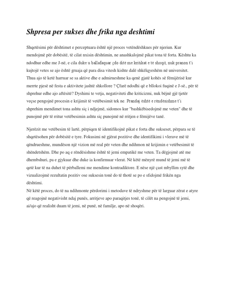 Shpresa Per Sukses Dhe Frika Nga Deshtimi | PDF