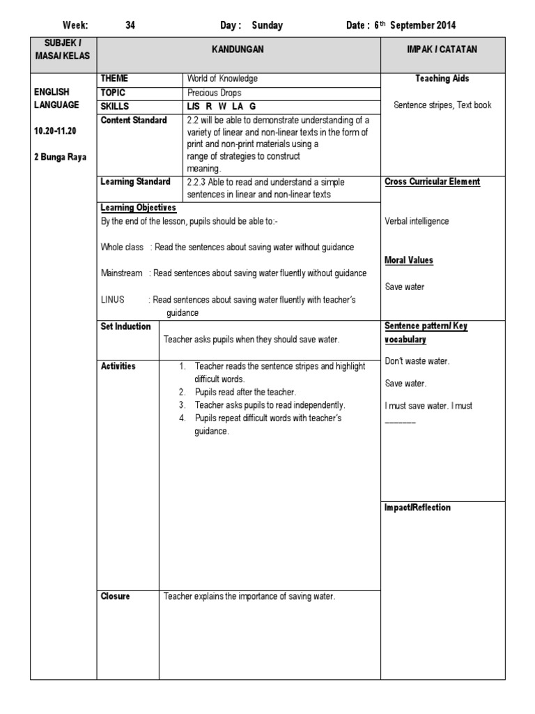 5 BM Lesson Plan Week 34 | PDF | English Language | Vocabulary