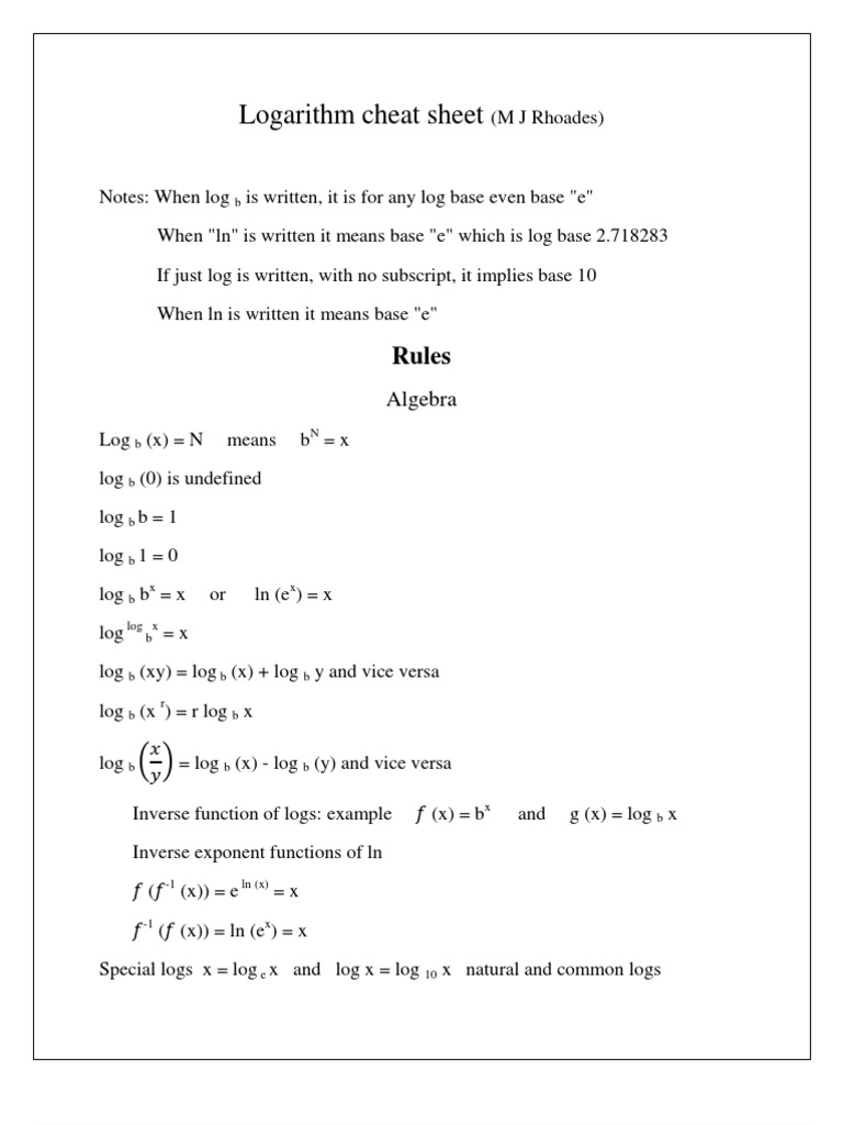 Logarithm Formula Sheet