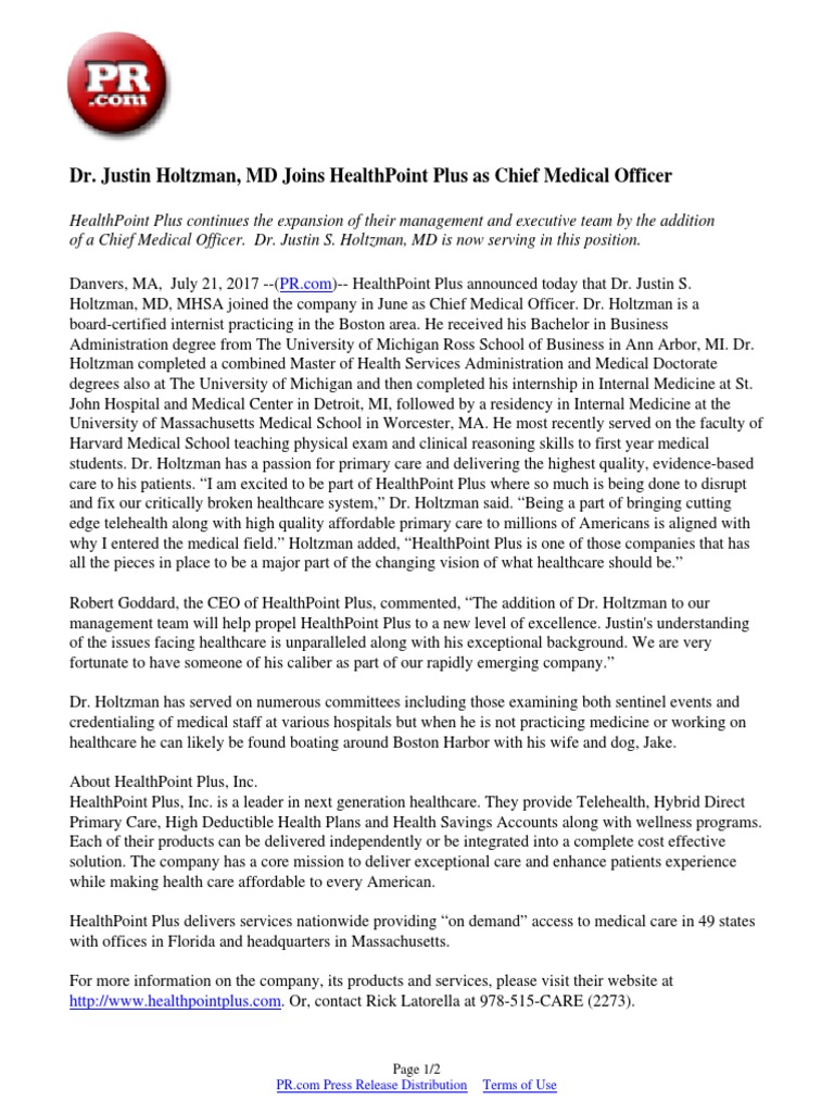 Dr. Justin Holtzman, MD Joins HealthPoint Plus As Chief Medical Officer ...