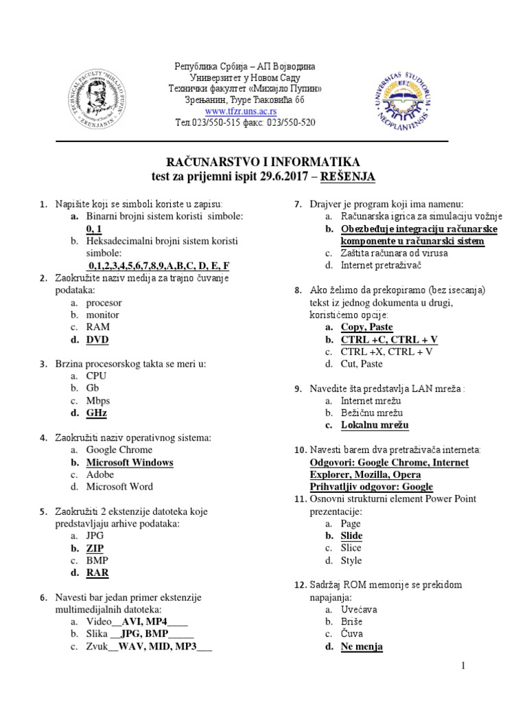 Test Informatika 29 6 2017 - RESENJA PDF | PDF