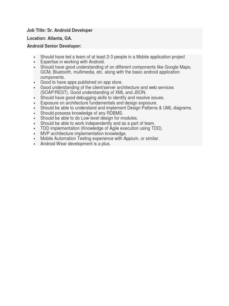 Job Description SR - Android Dev Mindtree | PDF