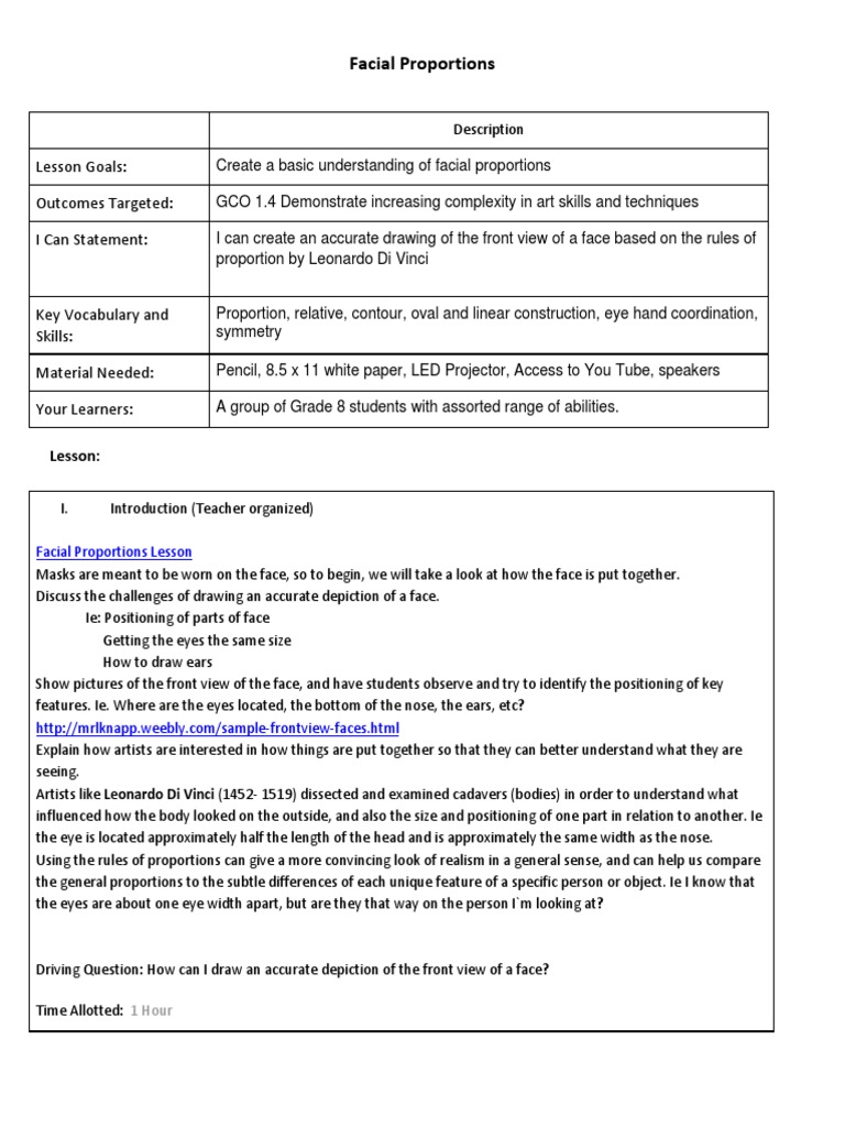 Facial Proportions Lesson | PDF | Drawing | Educational Assessment