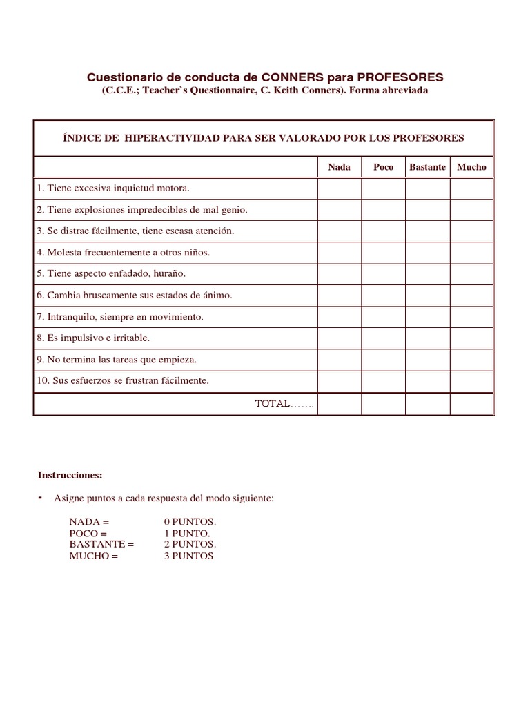 Escala-De-conners-para-tdah Completo ( Padres Y Profesores) | Attention ...