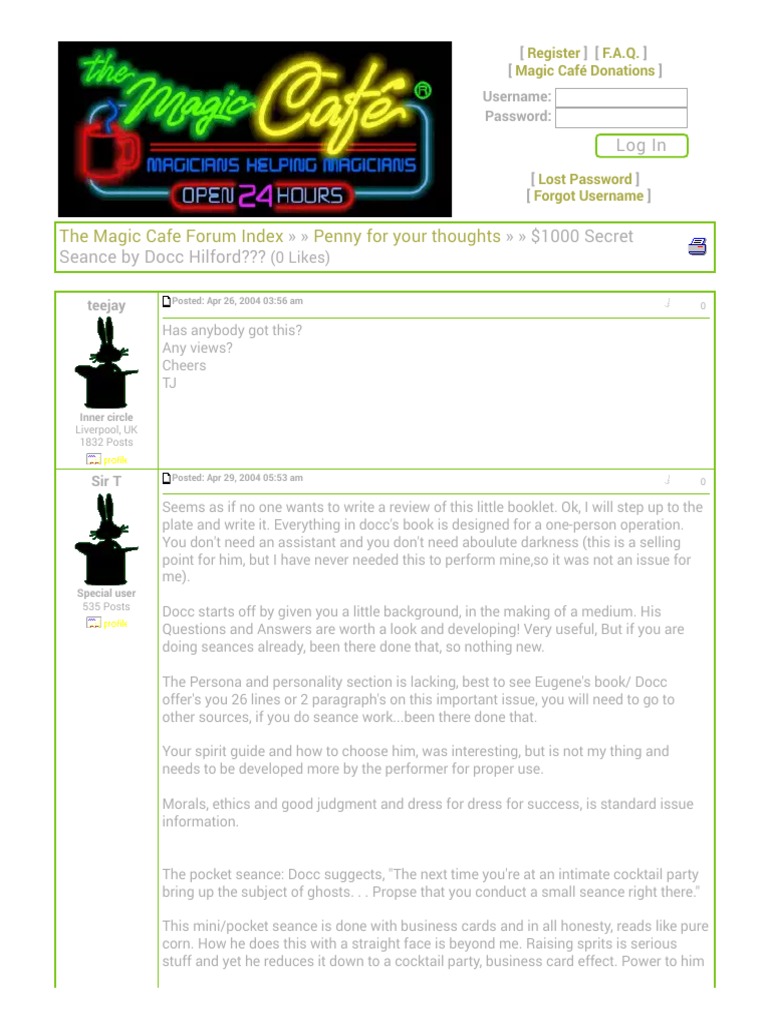 The Magic Cafe Forums - $1000 Secret Seance by Docc Hilford??? | PDF | Magic (Illusion)