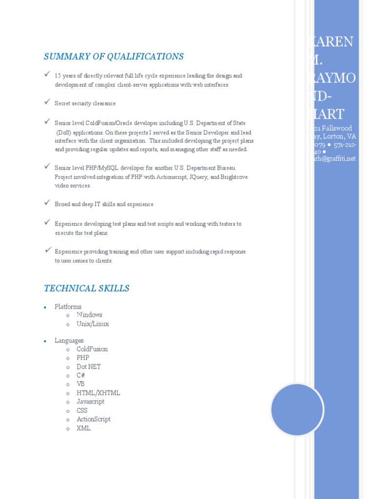 Karen M. Raymo ND-Hart: Summary of Qualifications | PDF | World Wide ...