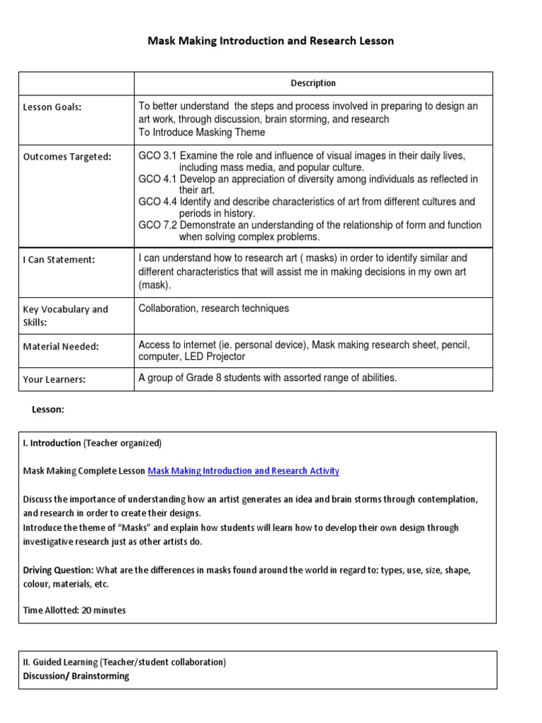 Mask Making Introduction Lesson | PDF | Mask | Collaboration