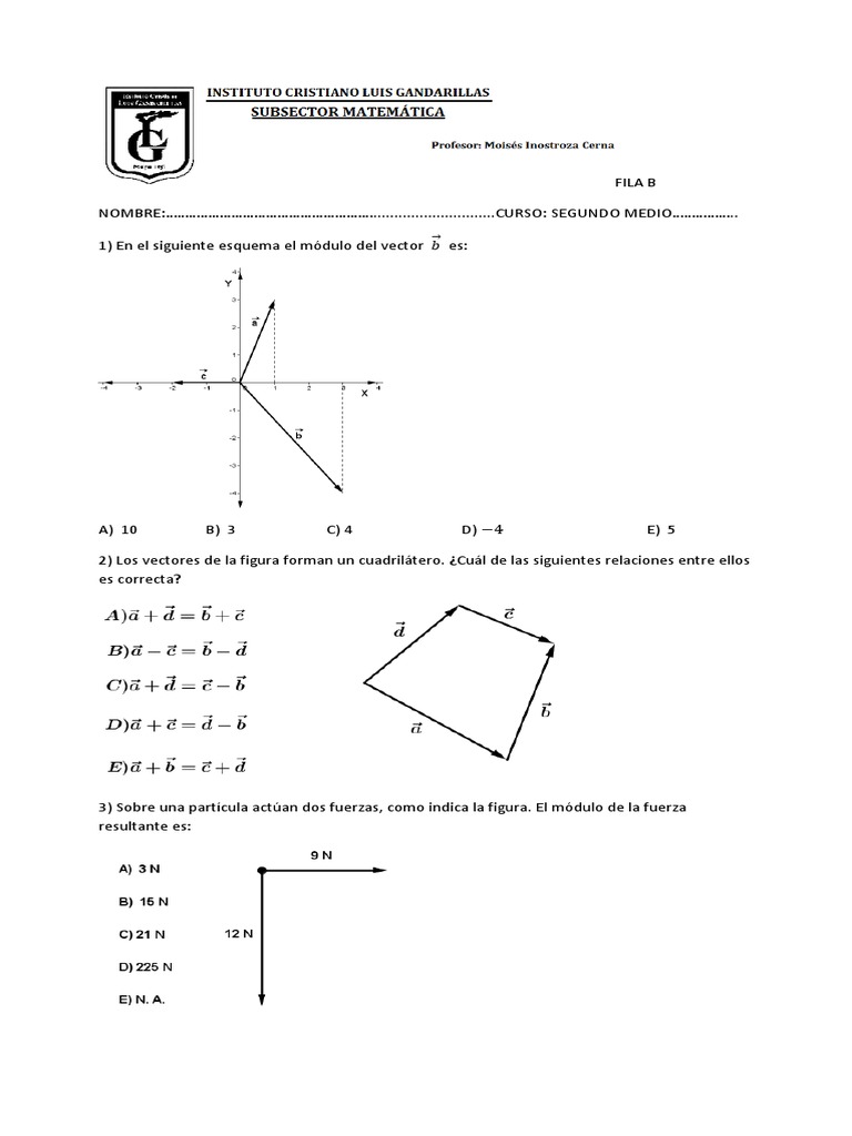 Prueba Vectores Segundo Medio Fila B | PDF | Vector Euclidiano | Enseñanza de matemática